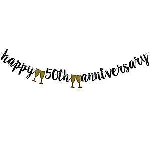 Happy 50TH Anniversary Banner,Pre-Strung, Black Paper Glitter Party Decorations For 50TH Wedding Anniversary Party Supplies Letters Black ZHAOFEIHN