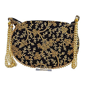 Women's Handmade Silk Drawstring Purse, Indian Potli Bag, Black Crossbody Triangle Purse