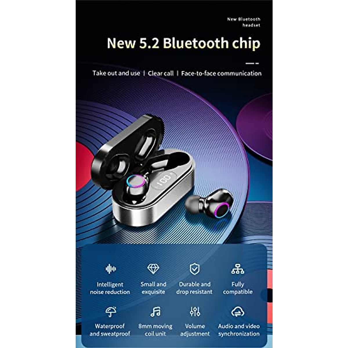 2022 TWS Wireless Bluetooth 5.2 Earhone, Touch Control Stereo Headset with Mic and LED Display, Waterproof Noise-Reduction Earbuds for Sport/Work