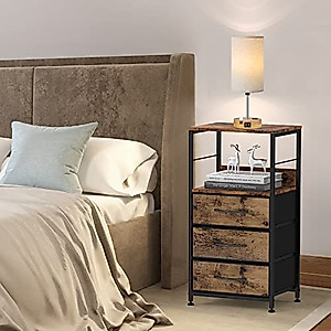 Nightstand Set of 2 Modern Bedside End Tables, Set of 2 End Tables with Drawers Night Stand Side Table with 3 Fabric Drawers Retro Bedside Tables for Livingroom Bedroom Office, Brown and Black
