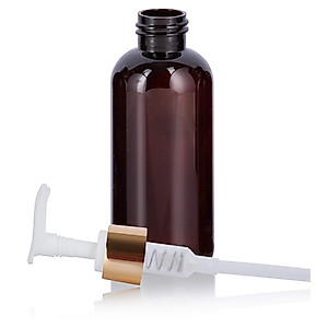 (12 Pack) 4 oz Amber Boston Round PET Plastic Bottles with Gold Lotion Pump