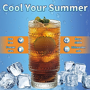 Romantic Highball Drinking Glasses Set of 4, Beaded Glassware, 16oz XL Hobnail Glassware, Vintage Glassware Set, Embossed Vintage Drinking Glasses for Beer, Cocktail, Soda, Beverage (16oz with lid)