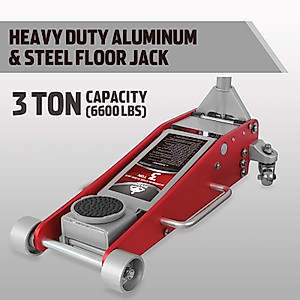Jack Boss Aluminum and Steel Car Jack, 3 Ton (6,600 LBs) Hydraulic Floor Jack with Dual Piston Quick Lift Pump, Lifting Range 3-15/16" min to 18-5/16" max, Red