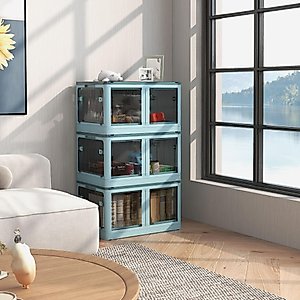 HOMCOM 18 Gal Stackable Storage Bins with Lids, 3 Packs Collapsible Closet Organizers and Storage, Plastic Drawer Storage Container on Wheels with 5-Sided Access, Doors for Blankets, Blue