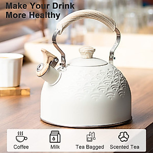 Whistling Tea Kettle Stainless Steel Tea Pots for Stove Top Stylish Kettle With Wood Pattern Anti-slip Handle,2.6 Quart, Beige