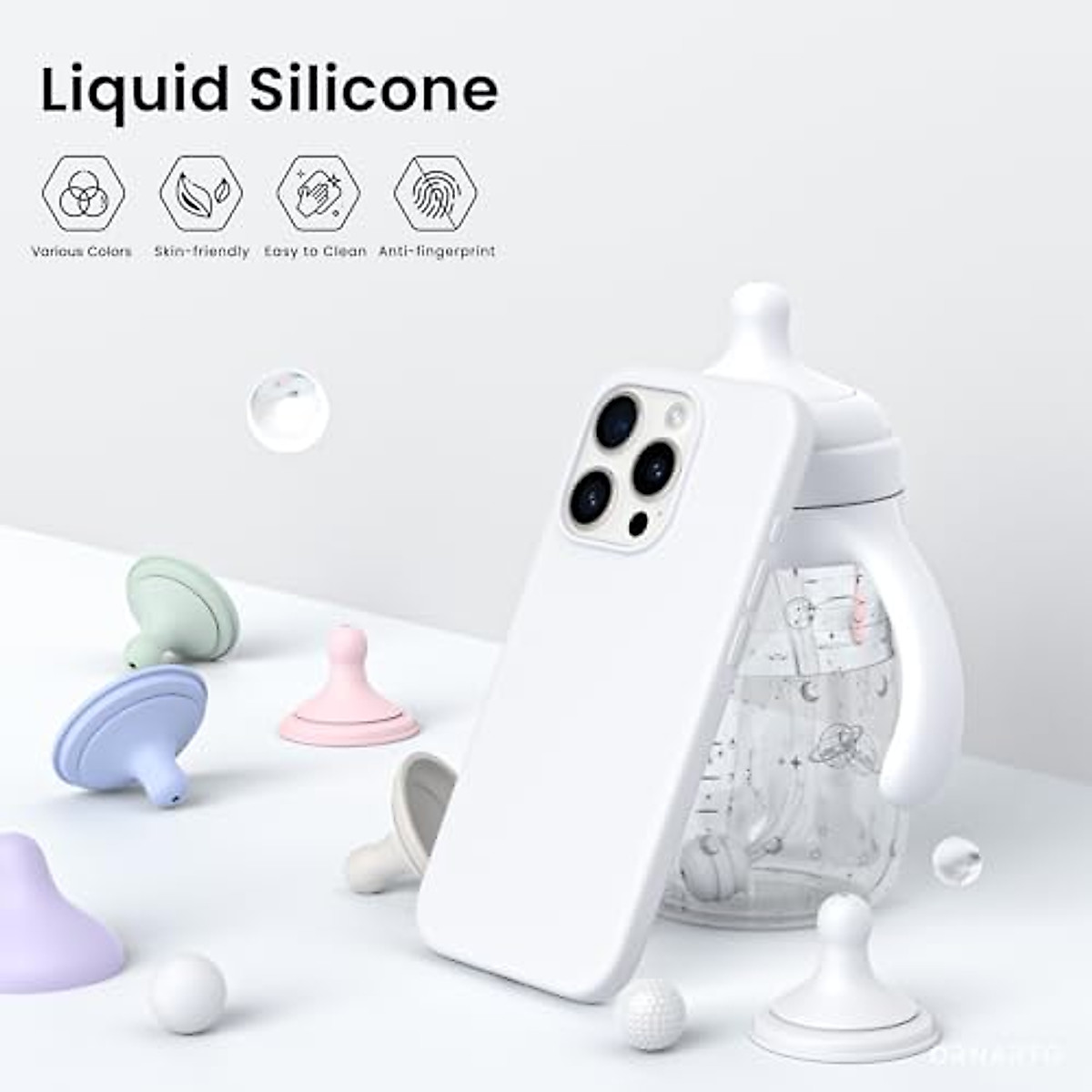 ORNARTO Compatible with iPhone 15 Pro Case 6.1", Liquid Silicone 3 Layers Full Covered Soft Gel Rubber Cover, Shockproof Protective Slim Phone Case with Anti-Scratch Microfiber Lining-White