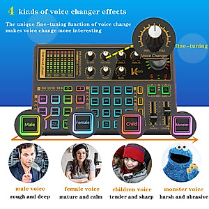 Sound Mixer Board, LED Light Voice Changer Sound Card with Multiple Sound Effects - Live Sound Card