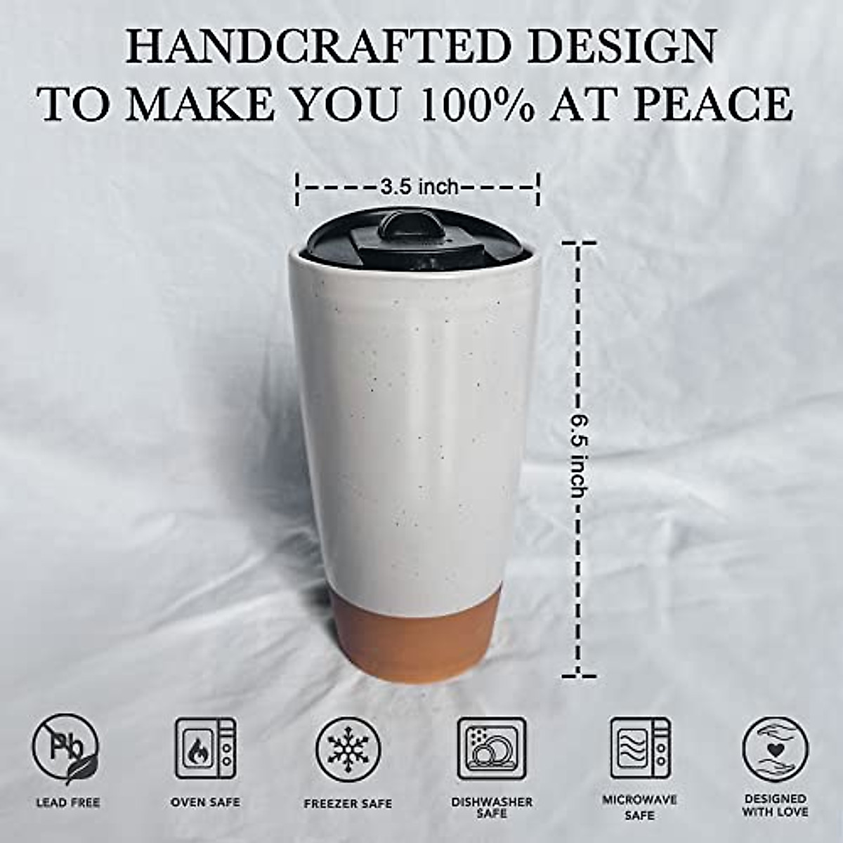 Mora Double Wall Ceramic Coffee Travel Mug with Lid, 14 oz, Portable, Microwave, Dishwasher Safe, Insulated Reusable Tall Cup, Splash Resistant Lid - To Go Tumbler for Car Cup Holder, Cotton White