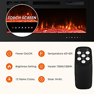 PAOLFOX 36 inch Electric Fireplace Insert,Wall Mounted,Wall Fireplace Electric with Remote Control,Linear Fireplace,Led Fireplace Recessed,12 Flame Colors