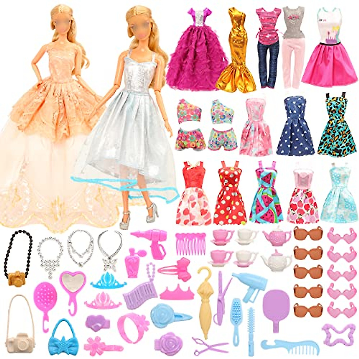 BARWA Fashion Closet Wardrobe 107 Pcs Doll Accessories 16 Pack Doll Clothes 1 Shoes Rack 84 Pcs Different Shoes Hanger Crown Necklace Glasses Doll Accessories Xmas Gift