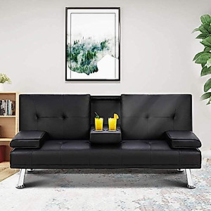 DKLGG Modern Futon Sofa Bed Faux Leather Convertible Recliner Couch with 2 Cup Holders, Armrest and Metal Legs Home Furniture (Dark Black)
