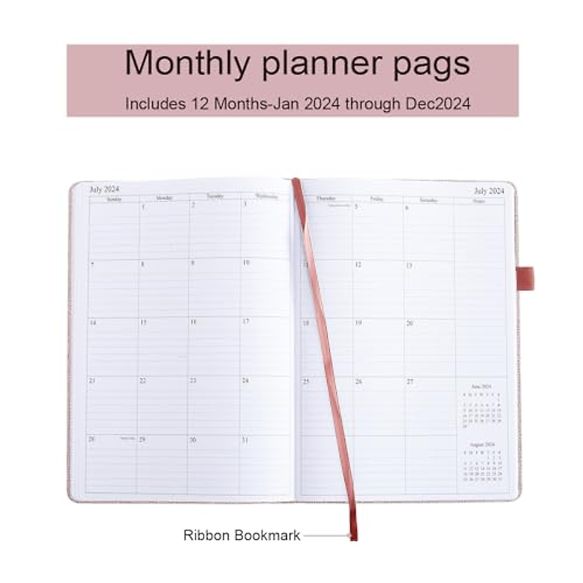 2024 Planner - Weekly Planner with Monthly Pages, 5.6" x 8.2", Vegan Leather Hardcover, Elastic Band and Pen Holder, Rose