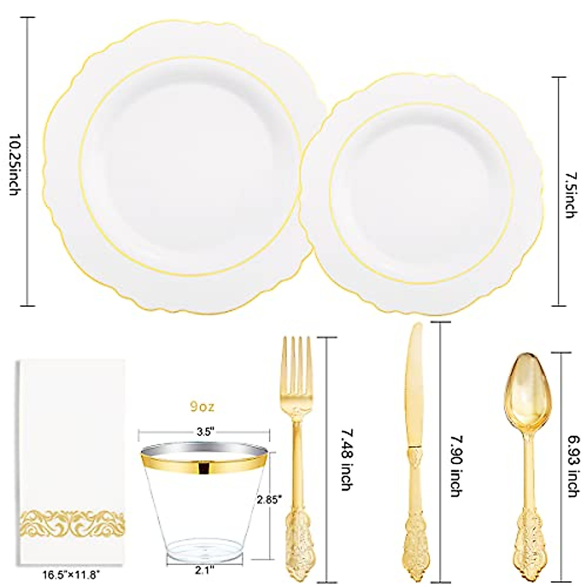 WDF 50Guest Gold Plastic Plates - Disposable White and Gold Plastic Plates include 100Plates, 150Gold Plastic Silverware, 50Cups, 50Napkins Plates for Wedding&Parties