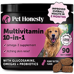 Pet Honesty Multivitamin Dog Supplement, Glucosamine chondroitin for Dogs, Probiotics, Omega Fish Oil, Dog Supplements & Vitamins, Dog Vitamins for Skin and Coat Allergies, (Peanut Butter 90 ct)