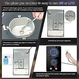 Cooksir 12 inch Gas Stove, 2 Burners Propane Cooktop Bulit-in, Indoor Gas Cooktop Suitable for Dual Fuel LPG/NG, Tempered Glass Gas Stove Top for Kitchen, Apartment, Indoor, 110-120V Plug in