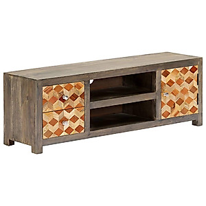 vidaXL Solid Mango Wood TV Stand/Media Cabinet with Two Drawers and One Door, Mid-Century Design, Gray and Brown, 47.2"x11.8"x15.7"