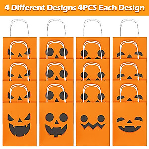 NiHome 16-Pack Halloween Pumpkin Kraft Paper Treat Bags with Handles - Assorted Jack-o'-lantern Designs for Trick or Treat, Party Favors, Candy, Cookies, and Gifts
