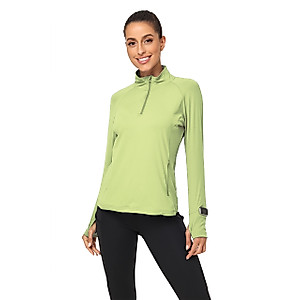 CUNYI Womens UPF 50+ Sun Protection Long Sleeve Quarter Zip Pullover Quick Dry Hiking Shirts with Zipper Pockets Workout Tops, Light Green, XXL