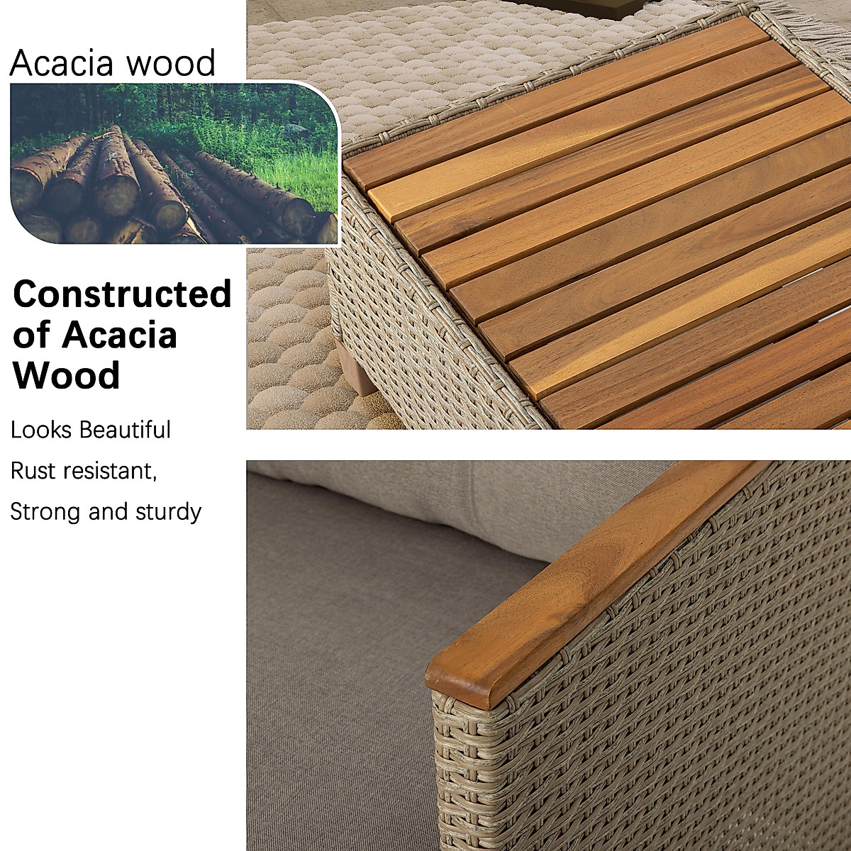 WiberWi Patio Furniture Set 3 Piece Outdoor Sectional Sofa Couch All Weather Rattan Wicker Conversation Set with Acacia Wood Coffee Table for Backyard Porch Garden Balcony, Waterproof, Grey