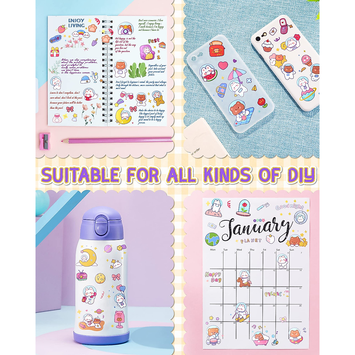 1000 Pcs Cute Stickers for Kids, Water Bottle Stickers Kawaii Waterproof Vinyl Scrapbook Phone Laptop Stickers, 100 Sheets Journaling Aesthetic Sticker Packs for Girls Teens（Purple）