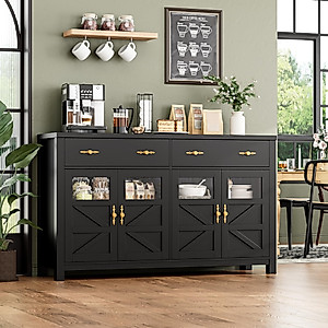FINETONES Buffet Cabinet with Storage, 55.1" Large Sideboard Buffet Cabinet, Farmhouse Sideboard Kitchen Cabinet with 2 Drawers and 4 Doors, Wood Coffee Bar Cabinet Buffet Table for Kitchen, Black