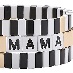 HZEYN Mothers Day Gift Tile Bracelet MAMA Enamel Colorblock Tile Bead Bracelet Stackable Sweet Mama Tile Link Stretch Bracelet Set of 3 Strands Jewelry