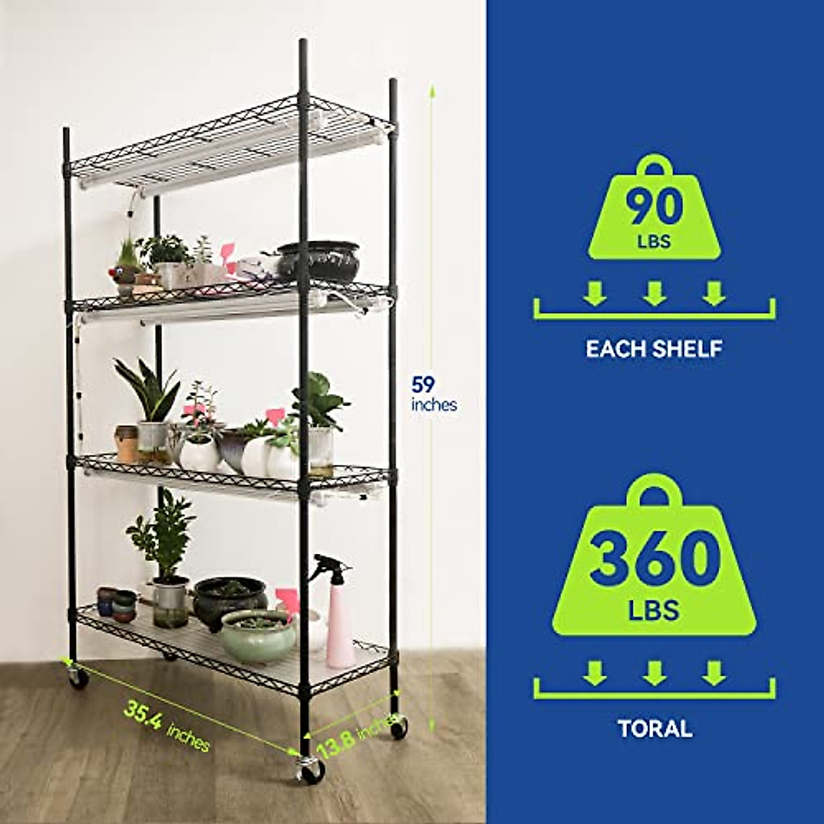 Monios-L Plant Shelf with Grow Lights, 4-Tier Metal Plant Stand with 180W T8 5000K Grow Light Bar, Heavy Duty Adjustable Rack with Wheels for Indoor Plants, Succulents, Seedlings(35Lx14Wx61H, Black)