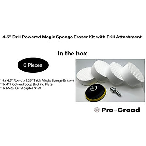 4.5” Drill Powered Magic Sponge Eraser 6 Pieces Kit with Drill Attachment | 25% Thicker Ultra Durable Melamine Cleaning Eraser Pads for Bathroom Kitchen Floors Walls Baseboards Crayon Marker and More