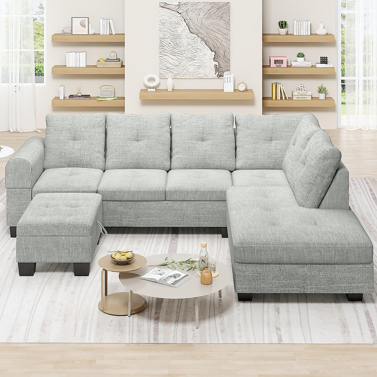 AWQM Modular Sectional Sofa with Ottoman, Fabric L-Shaped Couch with Chaise & Cup Holders, Living Room Furniture Sets Sectional Sofa Set, 6 Seat Corner Couch Sofa for Living Room, Apartment
