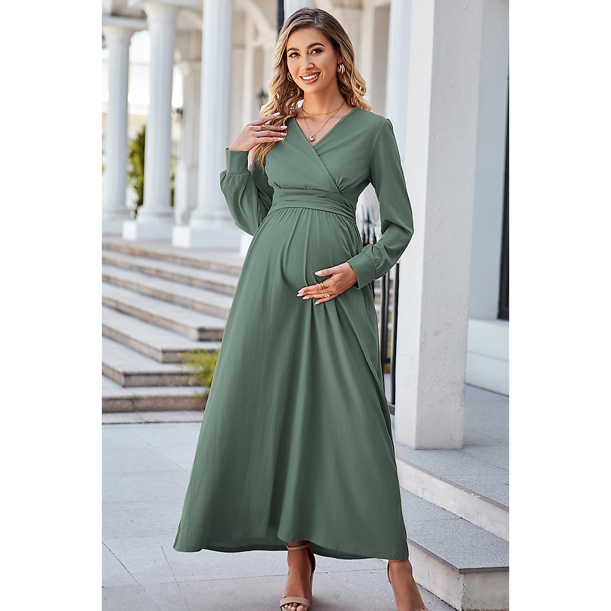 OUGES Fall Maternity Maxi Dresses Long Sleeve Wrap V Neck Baby Shower Dress Maternity Clothes 2025(Gray Green,M)