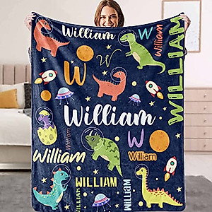 Personalized Dinosaur Throw Blanket for Boys Custom Name Soft Flannel Blanket for Kids Dino Outspace Plush Navy Blue Blanket Gift Birthday Christmas Baby Toddlers Nursery Room Decor, 40 x 50inch