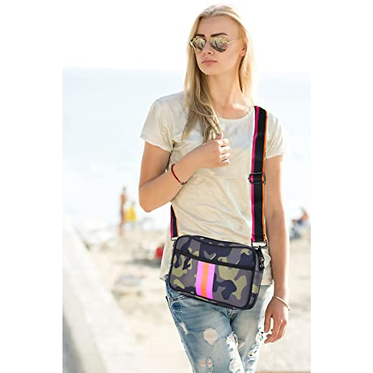 BYMEE Neoprene Crossbody Bag Unisex Casual Camera Bag with Adjustable Strap (Green Camouflage)
