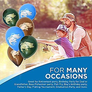 Havercamp 6 Count Gone Fishin' Party Balloons 12" | Latex 3 colors, 6-Pack | Largemouth Bass on Both Sides