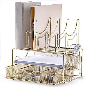 ROCDEER Gold File Desk Organizer with Drawer and File Folder Sorter, Desktop Paper Organizer for Desk Countertop Cabinet Office supplies