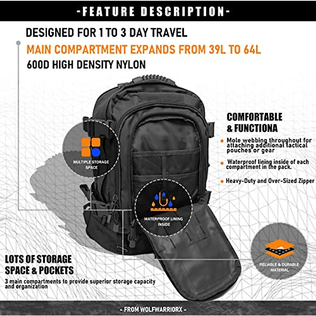 WolfWarriorX Tactical Backpack for men Military Army Expandable 3 Day Pack for Camping Hiking