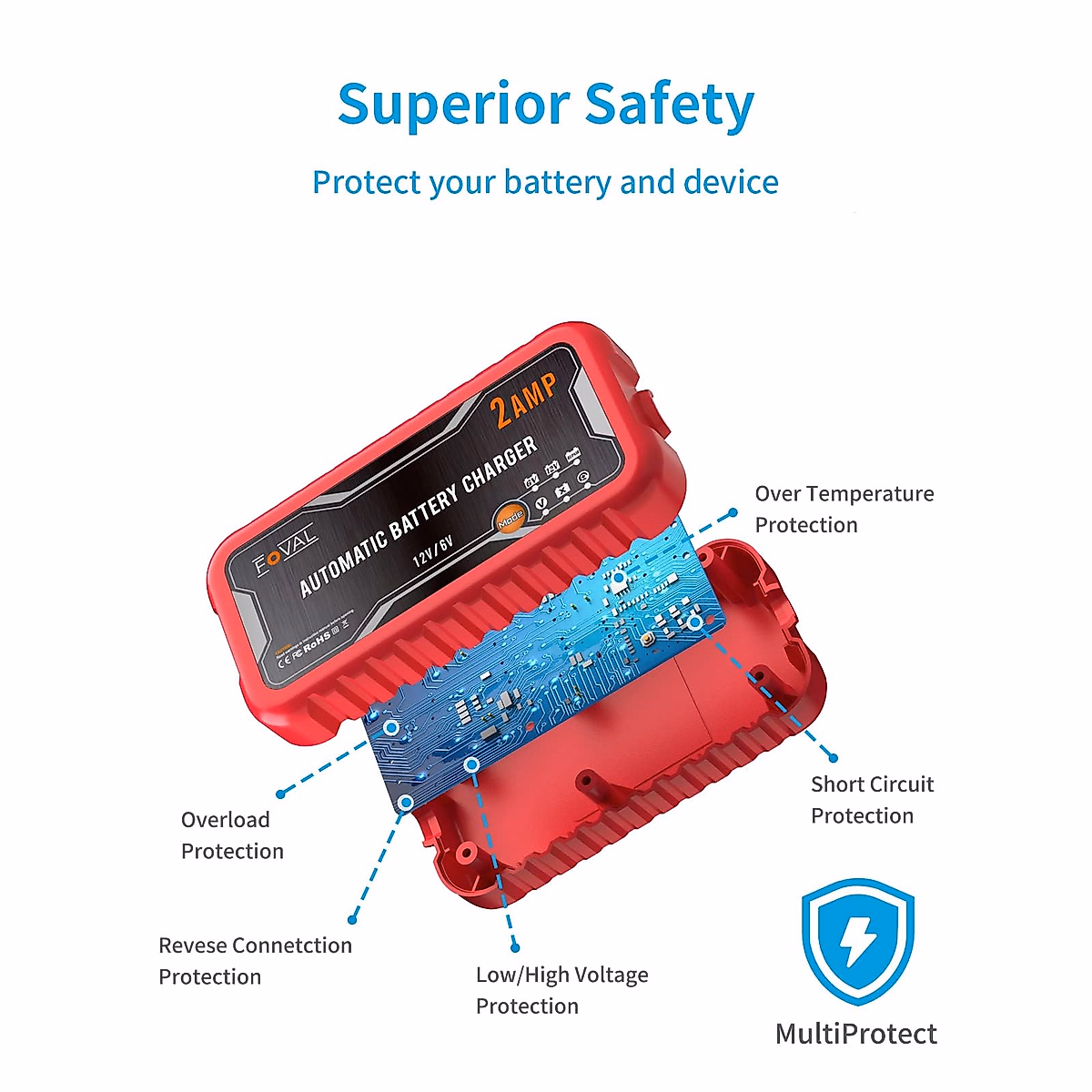 FOVAL 2-Amp Automatic Battery Charger, 6V and 12V Smart Car Battery Charger Maintainer, Trickle Charger and Battery Desulfator for Motorcycle, ATV, Boat, Lawn Mower Lead Acid Batteries