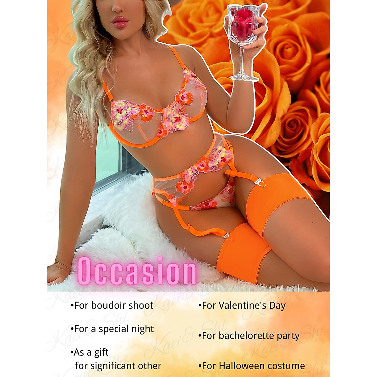 Kaei&Shi Glow in the Dark Lingerie for Women,Underwire Floral Embroidered Sexy Lingerie Set,Blacklight Matching 4 Piece Lingerie Petite Neon Orange X-Small