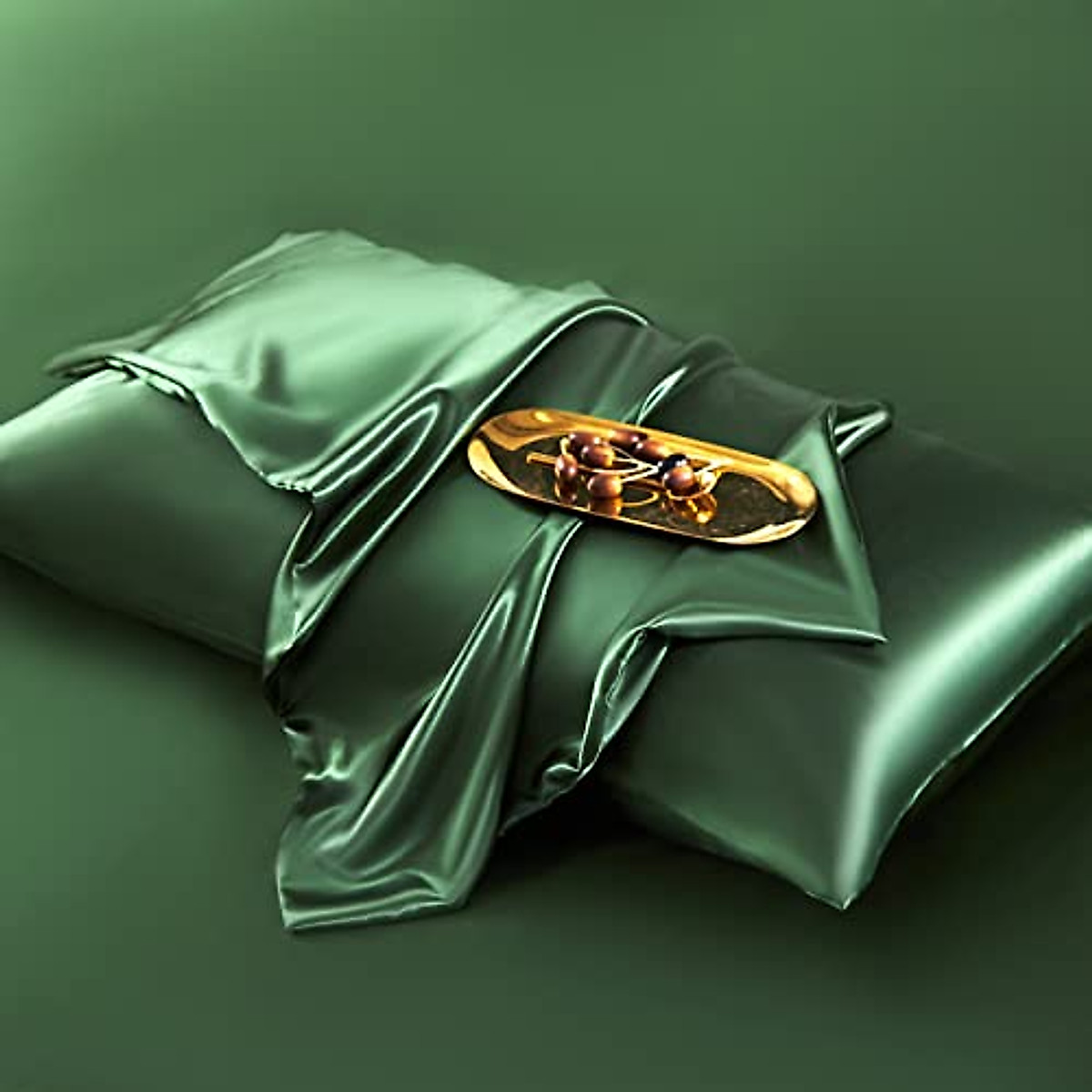 Koreyoshi 4 Pcs Satin Sheets Queen - Silk Silky Super Soft Extra Deep Pocket Queen Sheet Sets - Wrinkle & Fade Free - Deep Pocket Fitted Sheet, Flat Sheet, Pillow Cases (Queen, Olive Green)