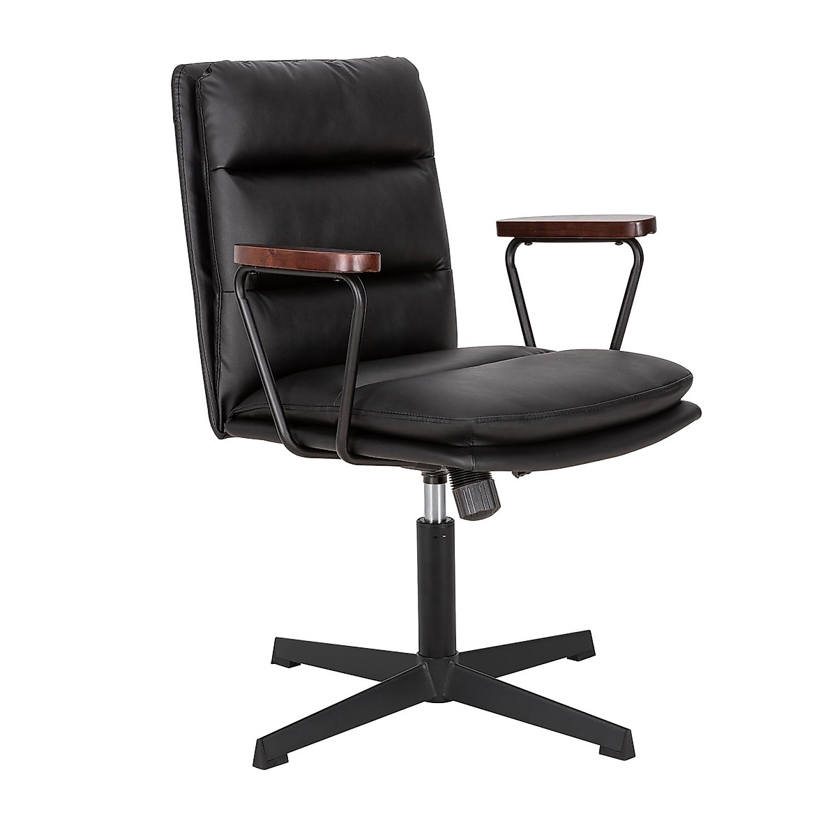 Okeysen Office Desk Chair No Wheels, Swivel Chair with Retro Wooden Armrests, Criss Cross Legged Armless Computer Chair for Home Office, Mid Century Modern Adjustable Task Chair with Thick Cushion