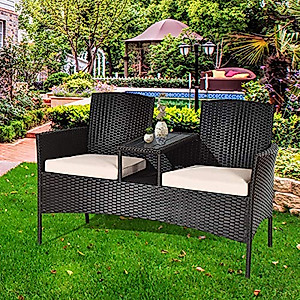 DORTALA Outdoor Patio Loveseat, Wicker Patio Conversation Set with Removable Cushions and Coffee Table, Plastic Table Top, Modern Rattan Loveseat Sofa Set for Garden Lawn Backyard (Brown+White)