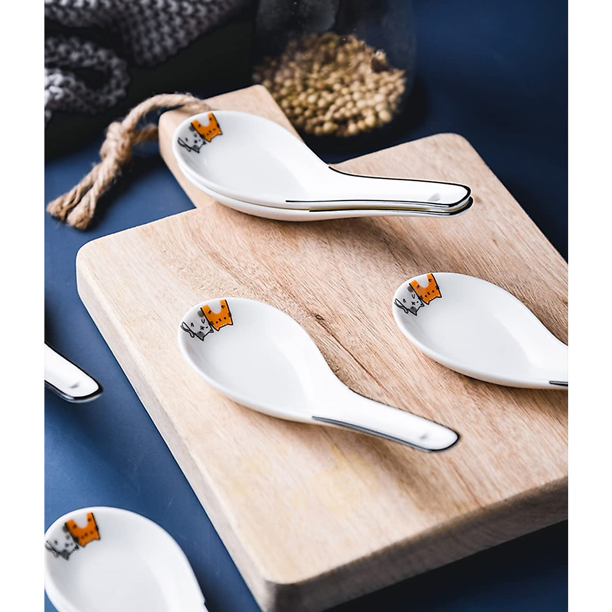 123Arts Ceramic Spoons Cartoon Cat Soup Spoons Dessert Spoons, Set of 5
