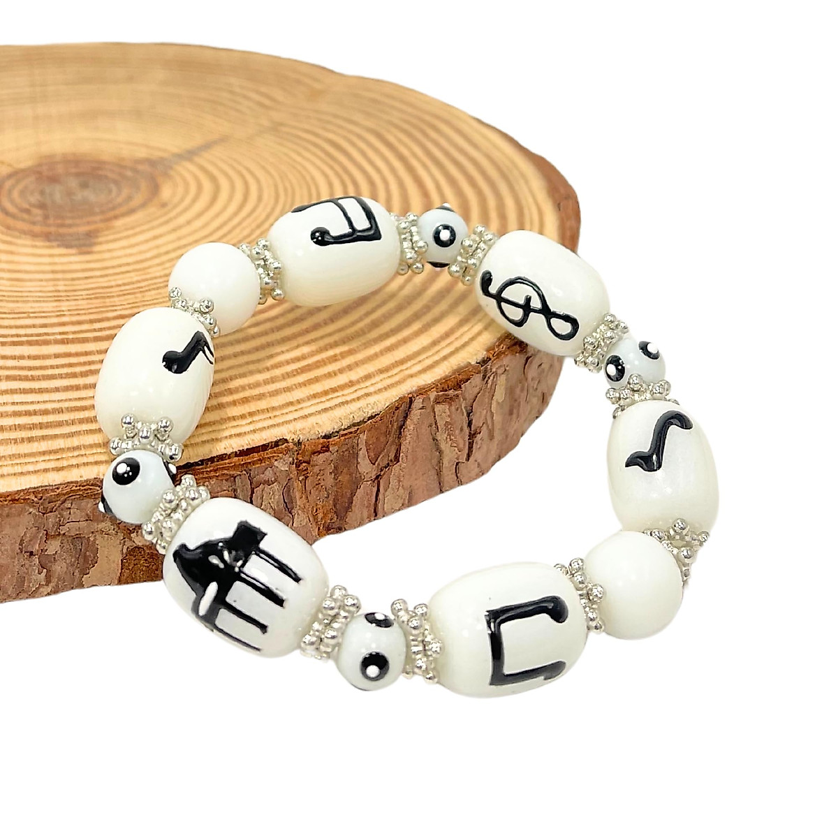 fiona Piano Music Notes Bracelet - Glass Beaded Strand, Hand-Painted Icon - Teacher Appreciation Gift, Women's Accessory