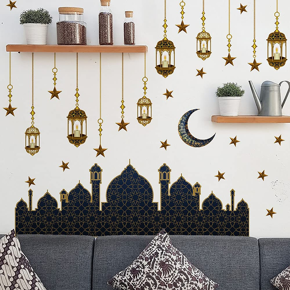 Ramadan Wall Decor Stickers, Islamic Muslim Wall Stickers Eid Mubarak Ramadan Decor Lantern Moon Star Window Decal Ramadan Decorations for Home Living Room Bedroom Decorations Wallpaper