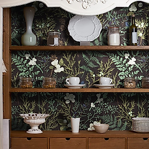 VaryPaper 17.7''x118'' Tropical Moss Leaf Peel and Stick Wallpaper Black Floral Self Adhesive Removable Contact Paper Decorative for Bedroom Walls Cabinets Shelves