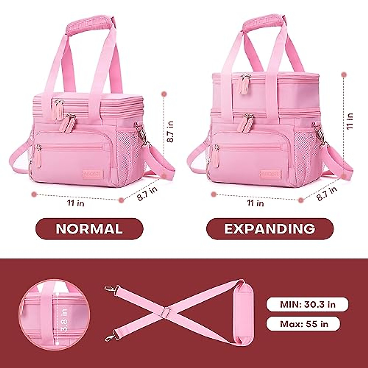 RONROX Large Lunch Box for Women and Men, Double Deck Insulated Lunch Bag with 900D Oxford, Expandable Leakproof Reusable Lunch Cooler Bag for Work, Office, Picnic, 17L, Pink