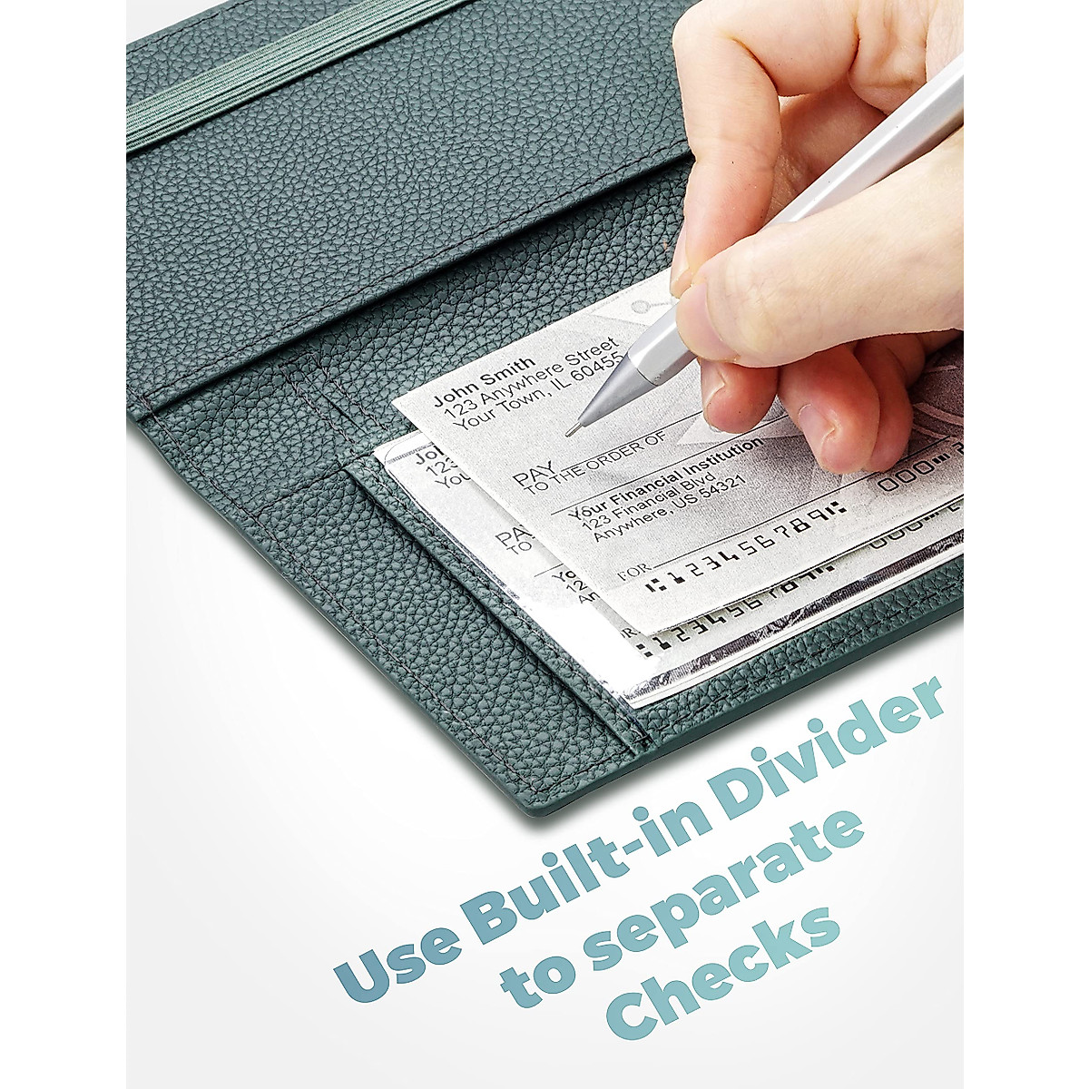 Yarnic Checkbook Cover for Personal Checkbook, Checkbook Holder with Pen Holder & Built-in Clear Plastic Divider for Duplicate Checks (Vert Gris)