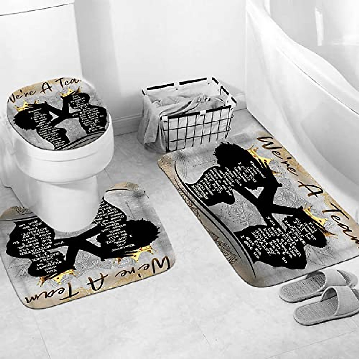 XVWJ 4PCS African American Shower Curtain Sets, Inspirational Quotes Black King Queen Bathroom Decor Sets with Shower Curtain and Rugs, Toilet Lid Cover, Bath Mat, Romantic Afro Couple Shower Curtains