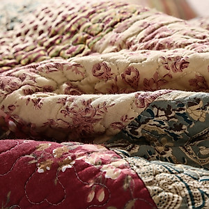Tache Cotton Patchwork Country Farm Cottage Vintage Antique Ditsy Floral Paisley Burgundy Beige Lightweight Coverlet Fairy Tale Tea Party Quilt Set, Queen