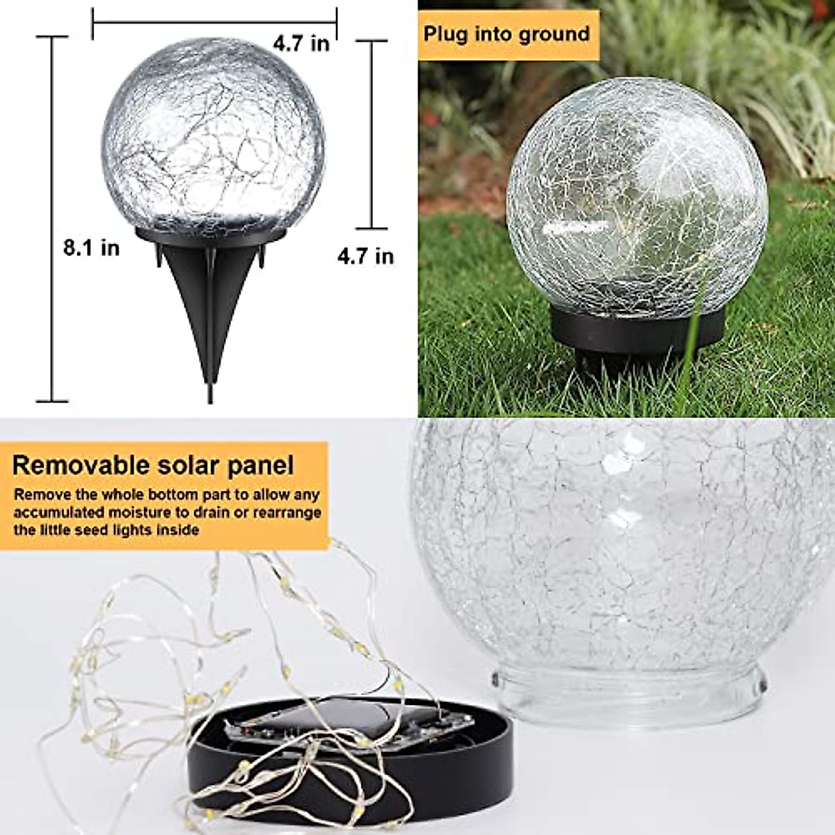 YOJACIKI Globe Solar Lights Outdoor Decorative, Cracked Glass Solar Ball Lights, Waterproof Ground Lights, Long Lasting Disk Lights for Lawn, Patio, Yard, Pathway, Christmas Garden Decor-1 Pack 4.7"