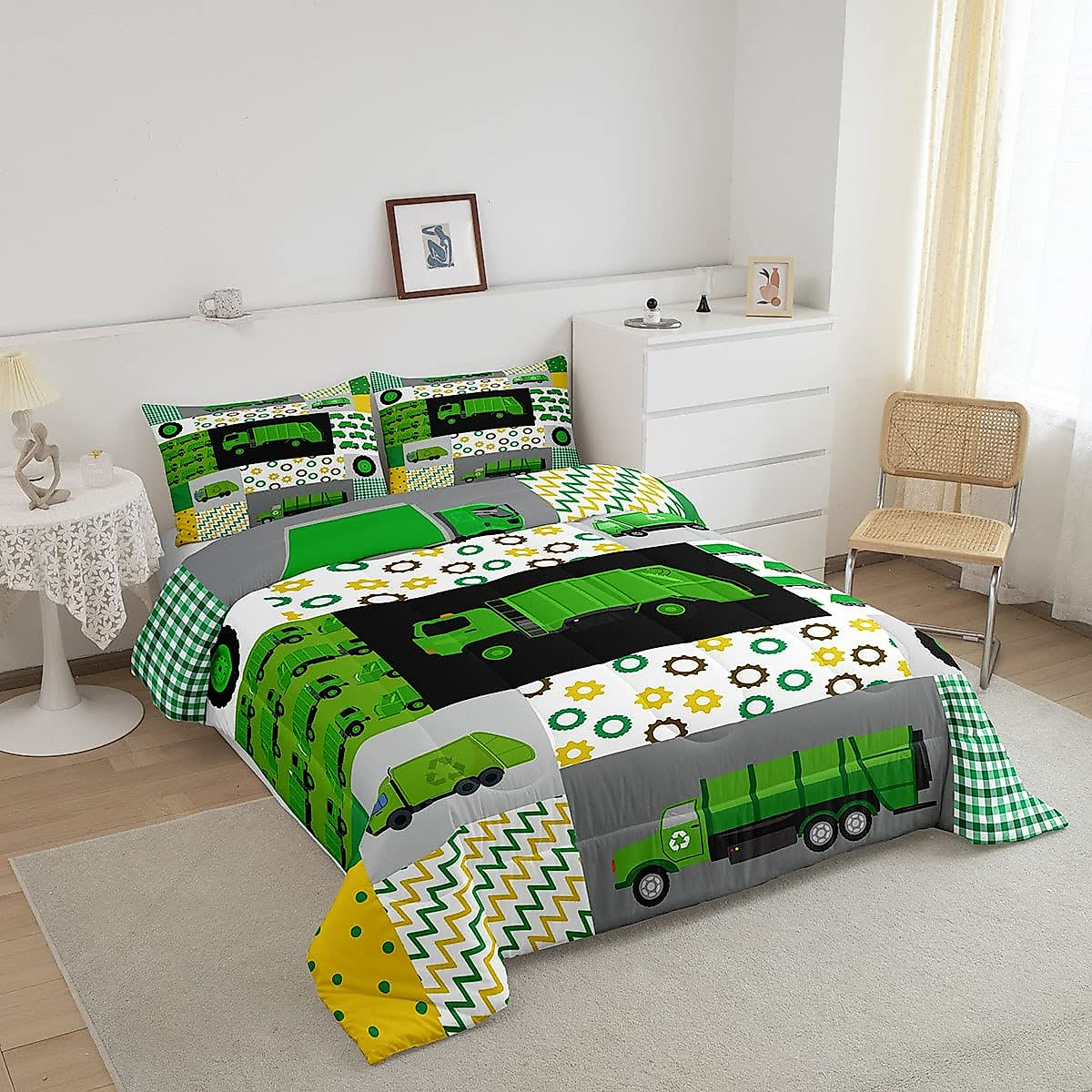 Green Garbage Truck Comforter Powered Waste Management Recycling Trucks Bedding Set Cartoon Garbage Truck Bedding Set for Kids Boys Girls Car Duvet Set Room Decor Quilt Set Full Size
